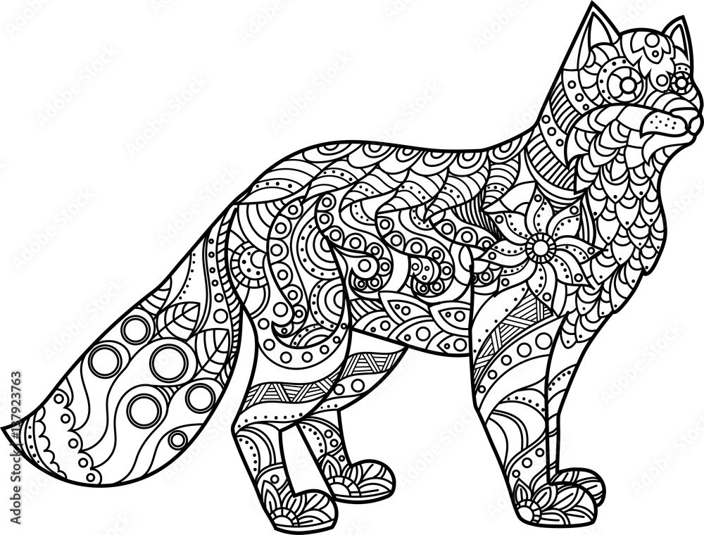Zentangle fox on white background. Forest animal. Black and white lines ...
