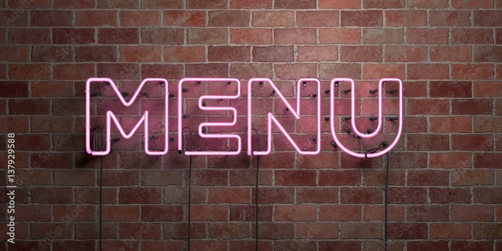 MENU - fluorescent Neon tube Sign on brickwork - Front view - 3D ...