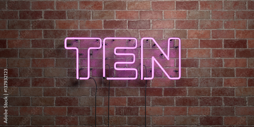 TEN - fluorescent Neon tube Sign on brickwork - Front view - 3D ...