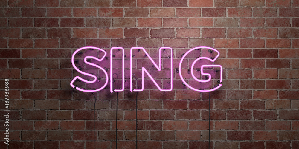 SING - fluorescent Neon tube Sign on brickwork - Front view - 3D ...