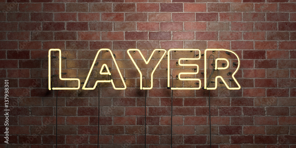 LAYER - fluorescent Neon tube Sign on brickwork - Front view - 3D ...
