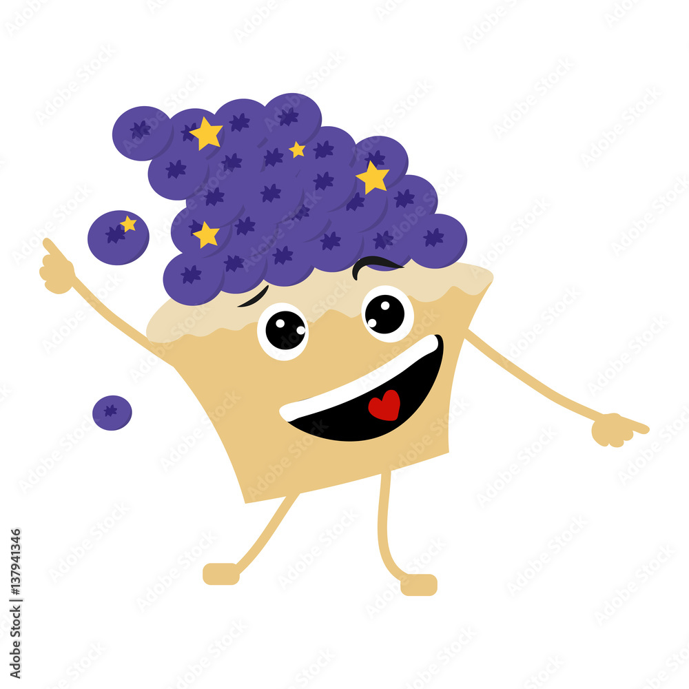 Funny Cupcake Sweet Blueberry Muffin Dancing Cartoon Flat Style