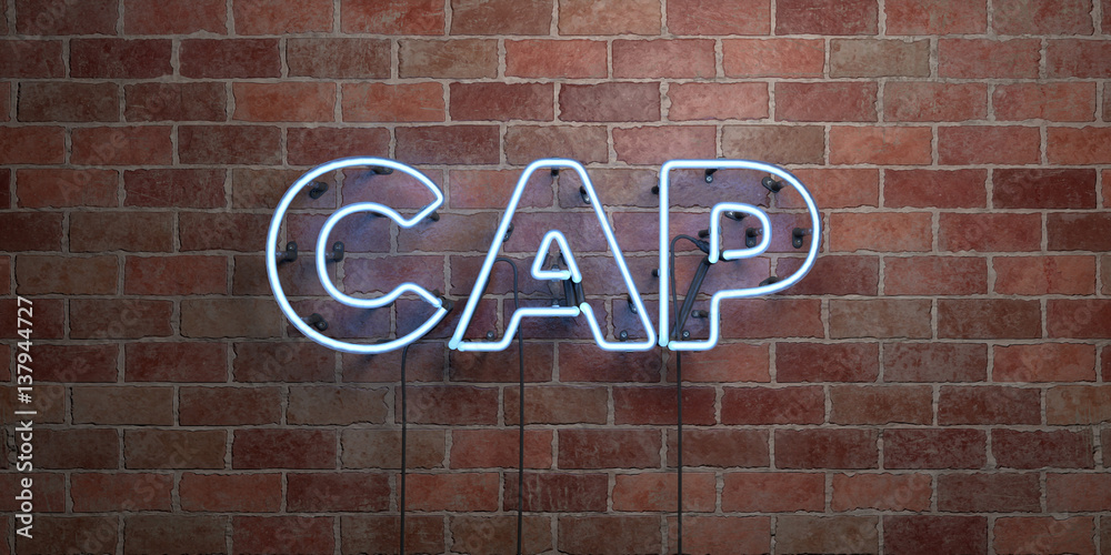 CAP - fluorescent Neon tube Sign on brickwork - Front view - 3D ...