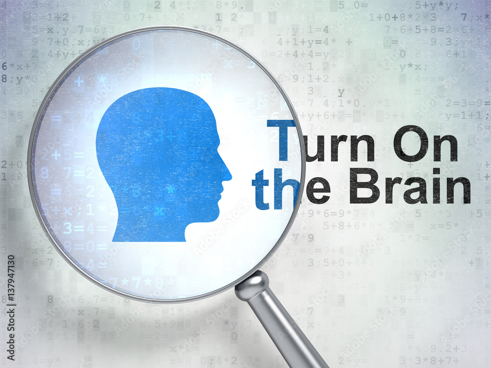 Education concept: Head and Turn On The Brain with optical glass Stock ...