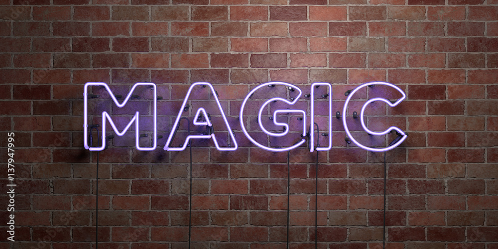 MAGIC - fluorescent Neon tube Sign on brickwork - Front view - 3D ...