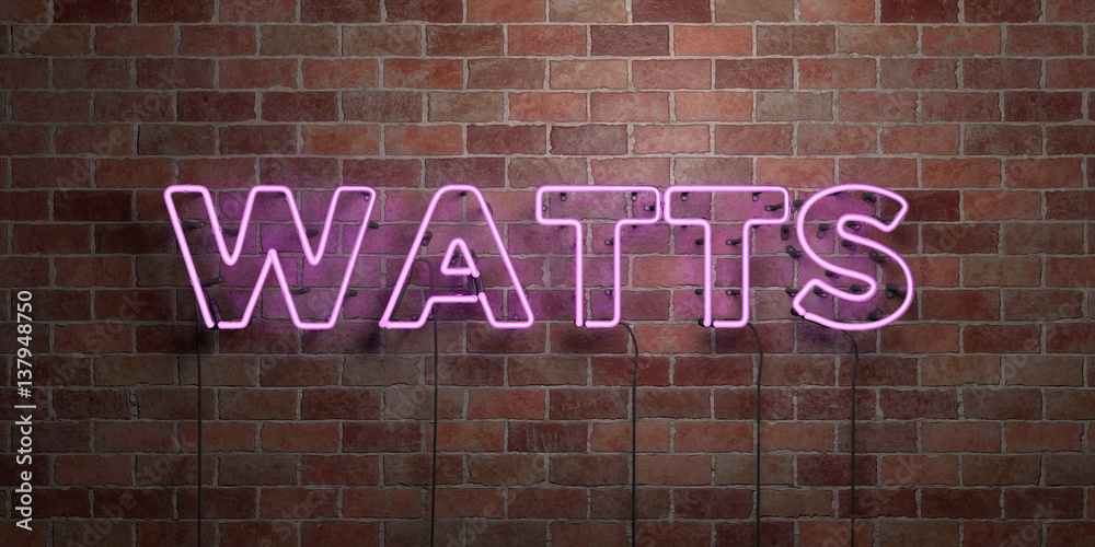 WATTS - fluorescent Neon tube Sign on brickwork - Front view - 3D ...