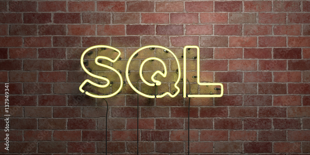SQL - fluorescent Neon tube Sign on brickwork - Front view - 3D ...