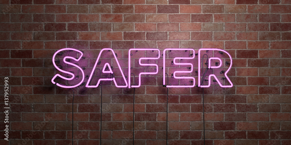 SAFER - fluorescent Neon tube Sign on brickwork - Front view - 3D ...