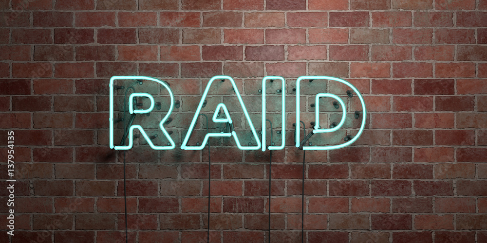 RAID - fluorescent Neon tube Sign on brickwork - Front view - 3D ...