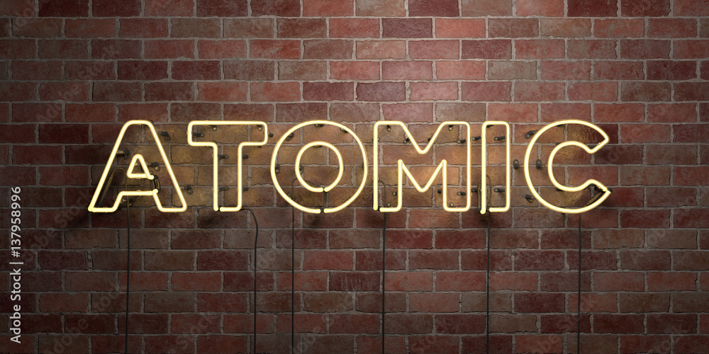 ATOMIC - fluorescent Neon tube Sign on brickwork - Front view - 3D ...