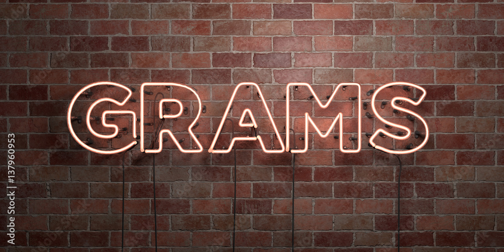 GRAMS - fluorescent Neon tube Sign on brickwork - Front view - 3D ...