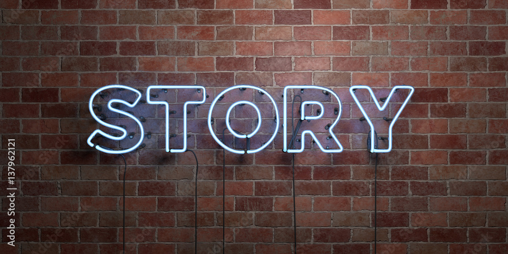 STORY - fluorescent Neon tube Sign on brickwork - Front view - 3D ...