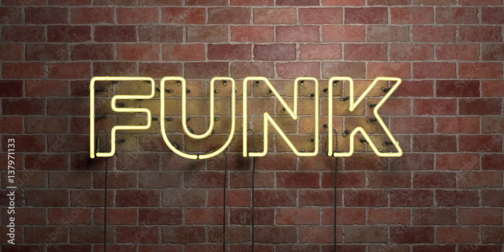 FUNK - fluorescent Neon tube Sign on brickwork - Front view - 3D ...