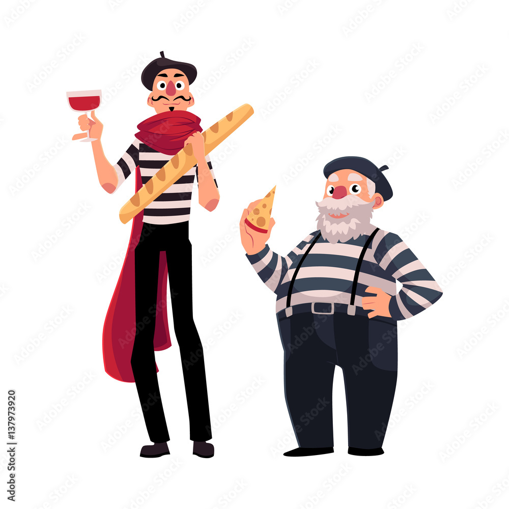 Two French mimes, young and old, in traditional costumes with symbols ...