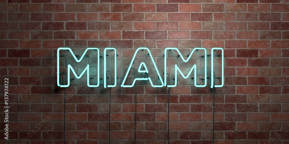MIAMI - fluorescent Neon tube Sign on brickwork - Front view - 3D ...