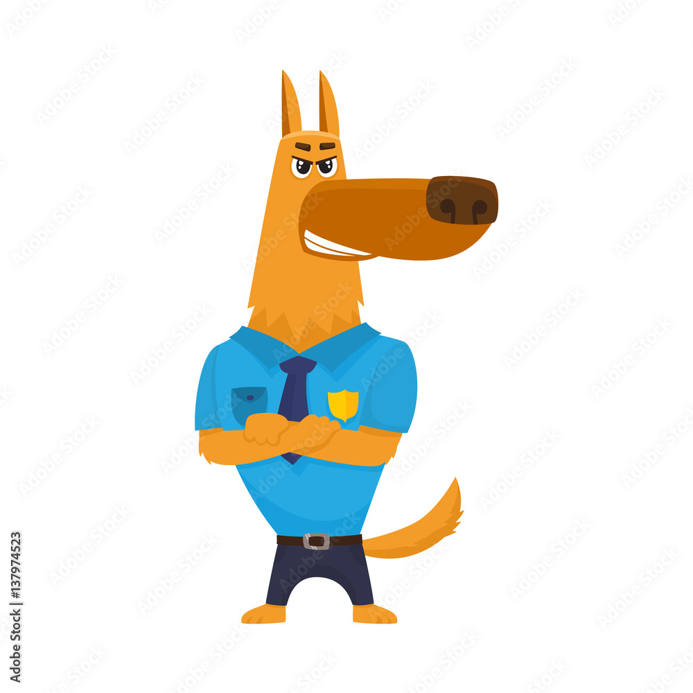 Funny shepherd dog character in blue police uniform standing with paws ...