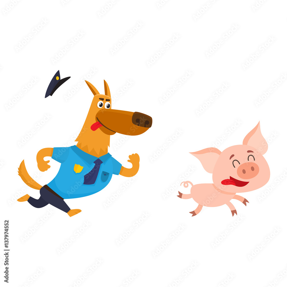 Funny shepherd dog character in blue police uniform chasing a pig ...