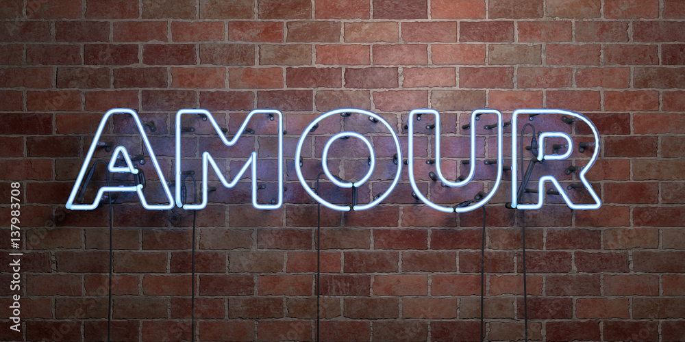 AMOUR - fluorescent Neon tube Sign on brickwork - Front view - 3D ...