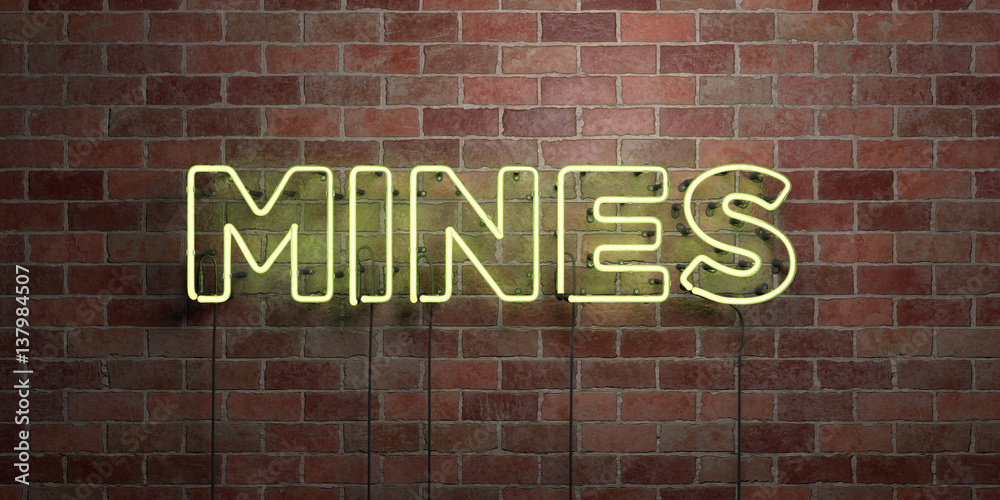 MINES - fluorescent Neon tube Sign on brickwork - Front view - 3D ...