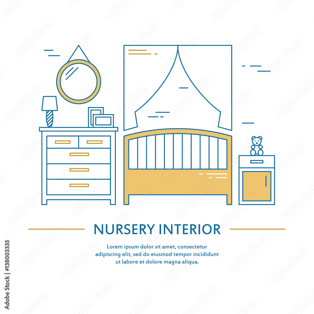 Vector nursery interior design brochure cover in line style. Flyer home ...
