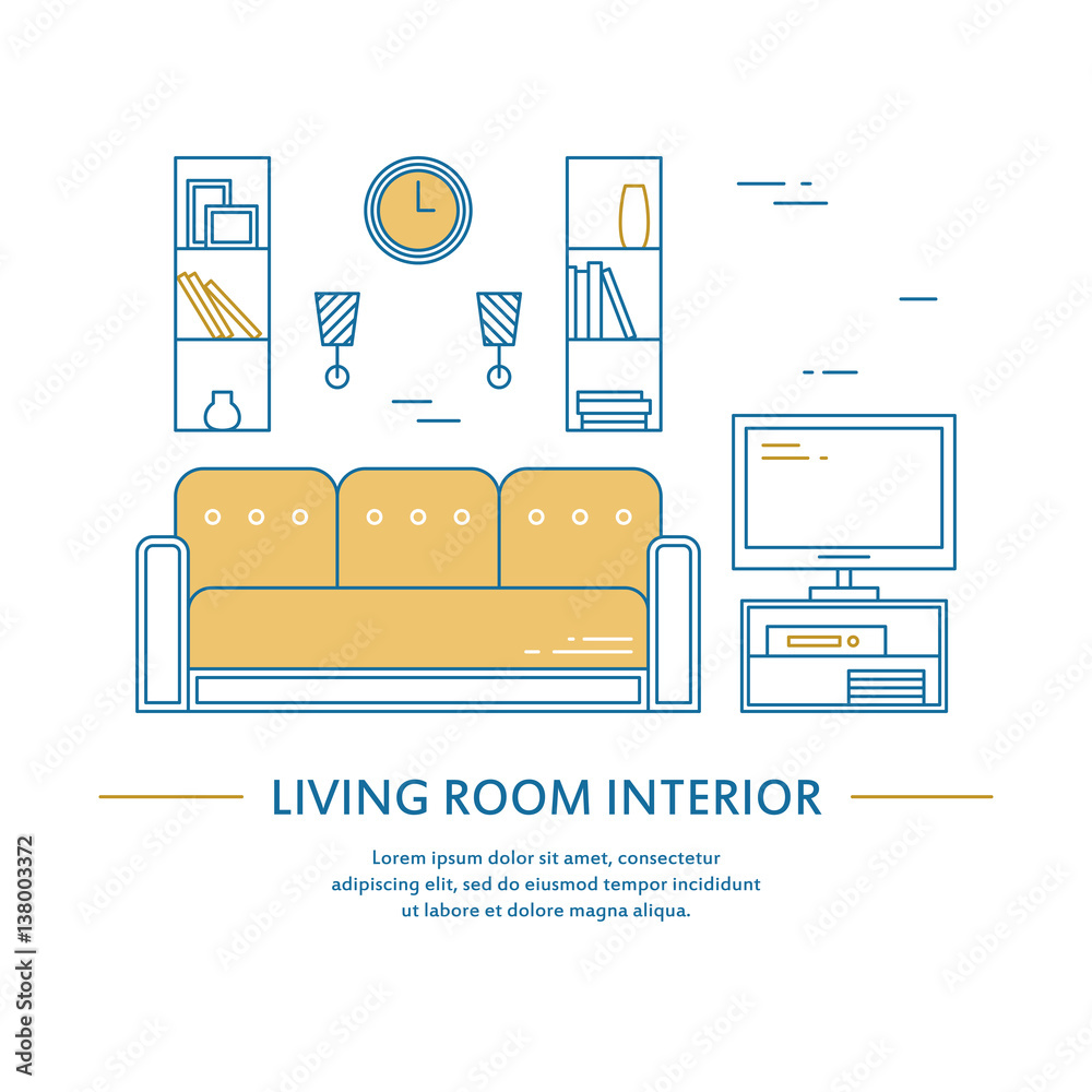 Vector living room interior design brochure cover in line style. Flyer ...