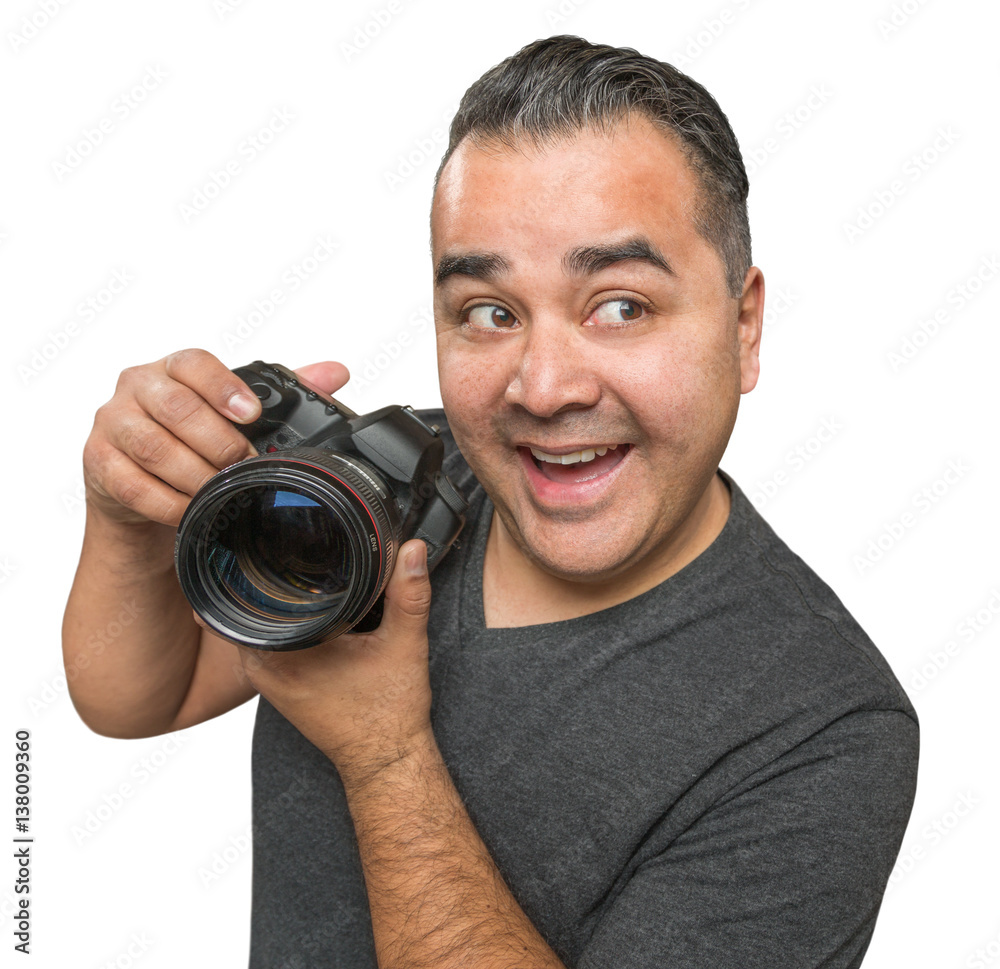 Goofy Hispanic Young Male With DSLR Camera Isolated on a White ...