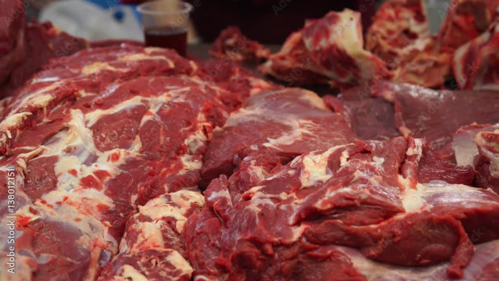 Showcase meat products in a supermarket. Russian market. Meat counters ...