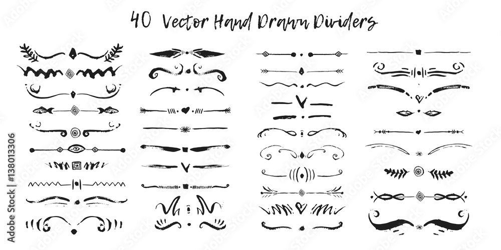 Set of handdrawn divide borders in ink. Swirls and dividers for design ...