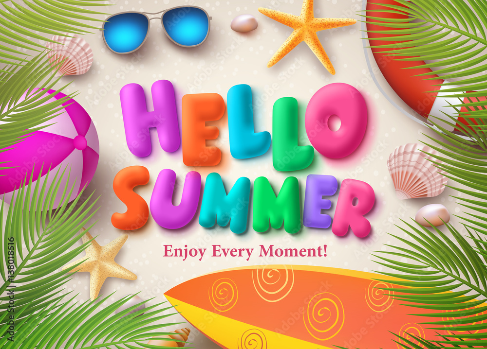 Hello summer colorful vector text in banner design with palm leaves ...