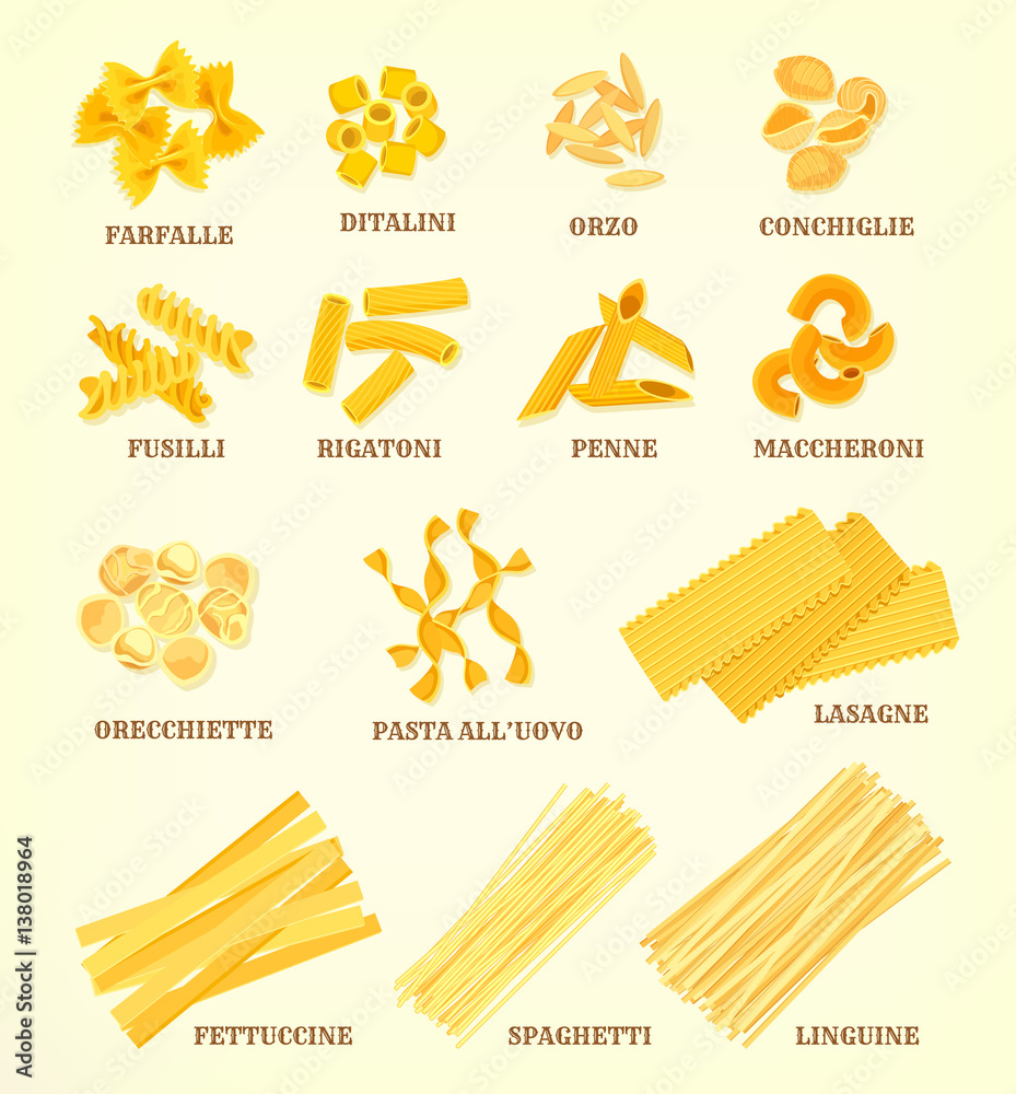 Italian pasta types or sorts vector icons Stock 벡터 | Adobe Stock