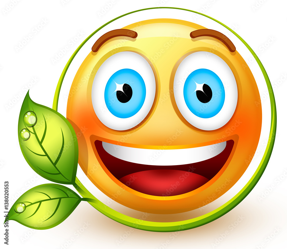 Happy eco-friendly emoticon with a very bright smile, which shows ...