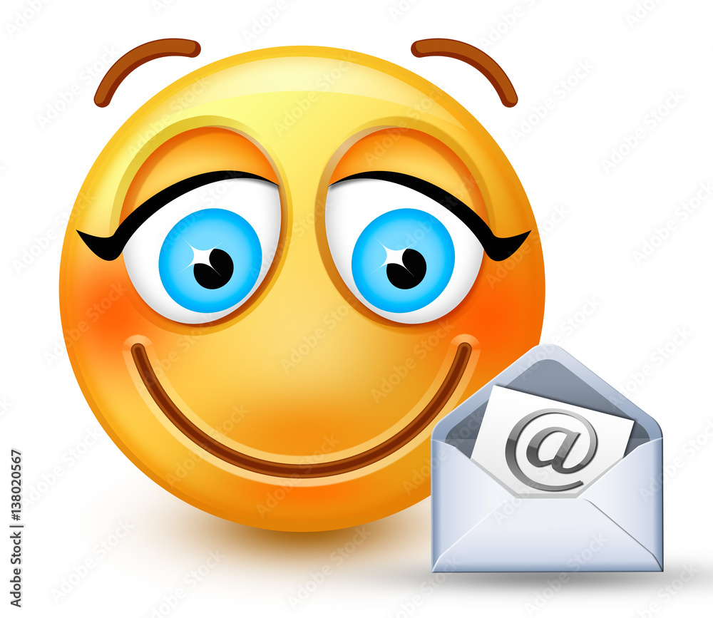 Cute smiley-face emoticon writing a message or opening a mail Stock ...