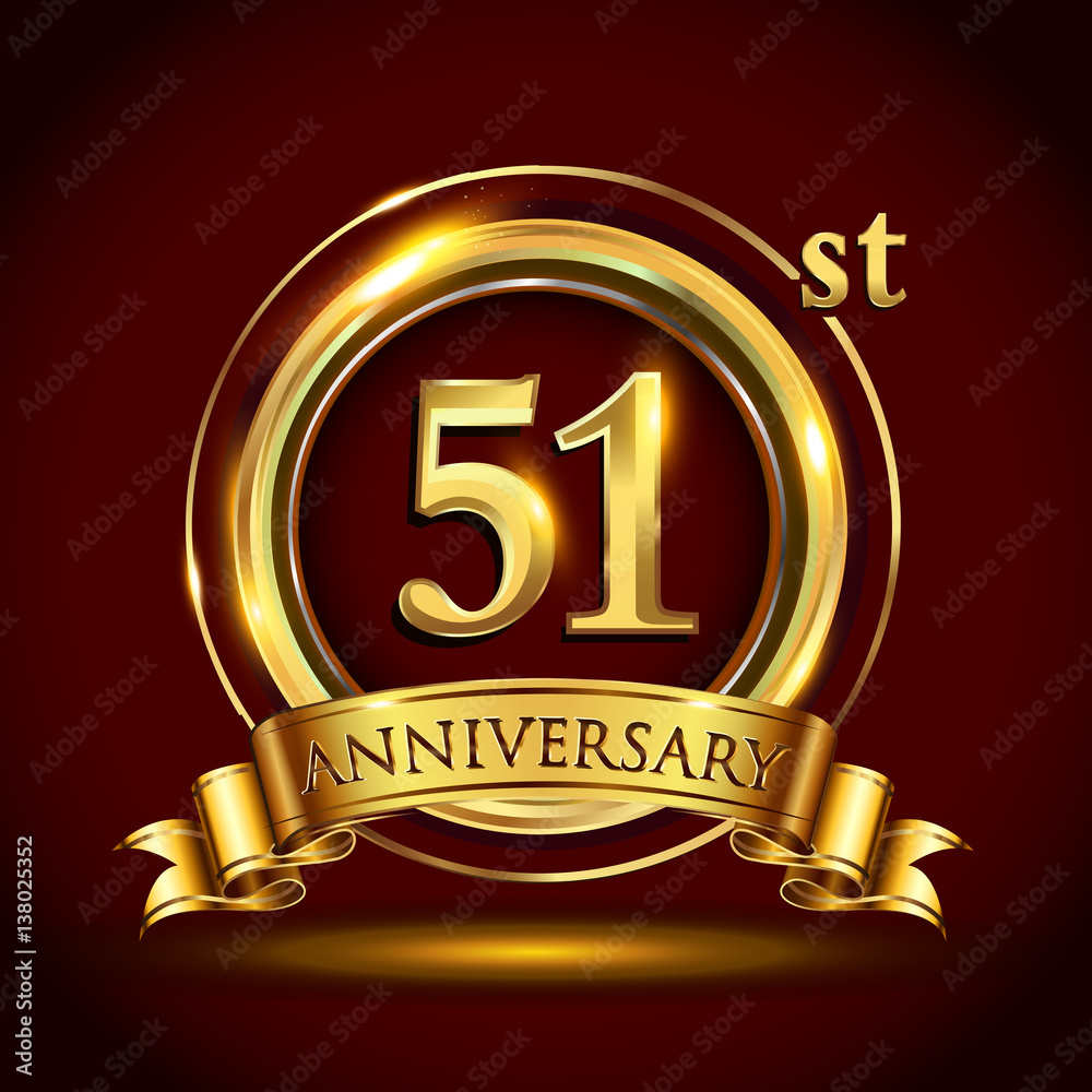 51st golden anniversary logo with gold ring and golden ribbon, vector ...