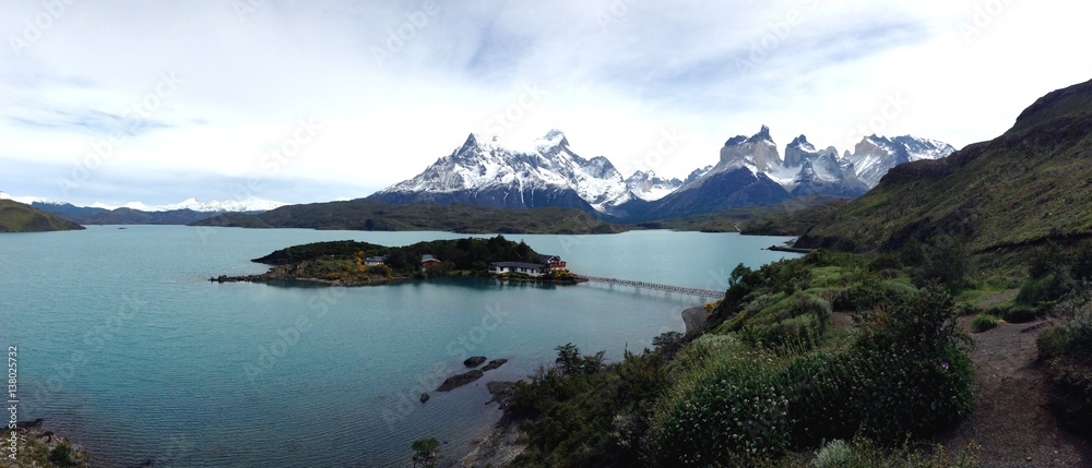 Panoramic view from above Lago de Toro and Hosteria Pehoe in the ...