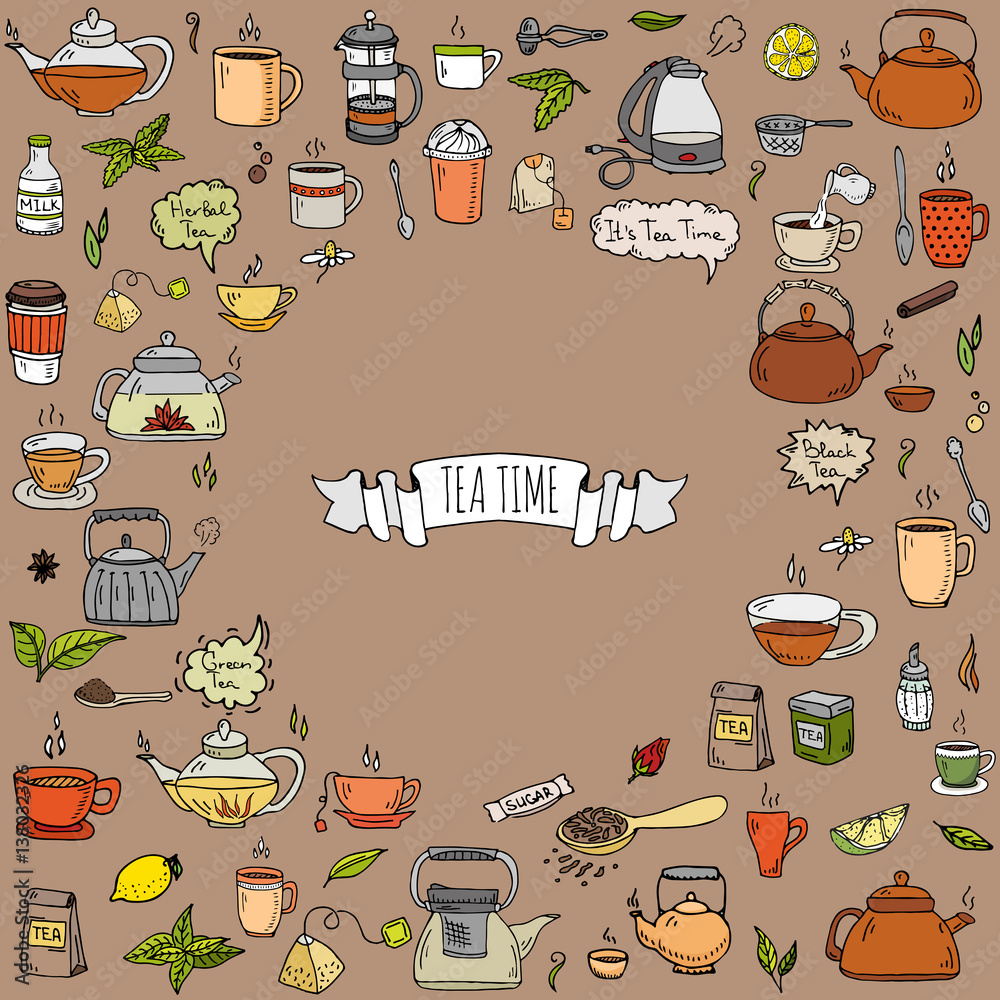 Hand drawn doodle Tea time icon set. Vector illustration. Isolated ...