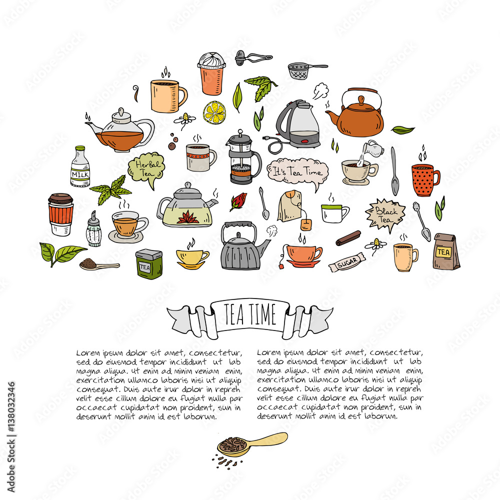 Hand drawn doodle Tea time icon set. Vector illustration. Isolated ...