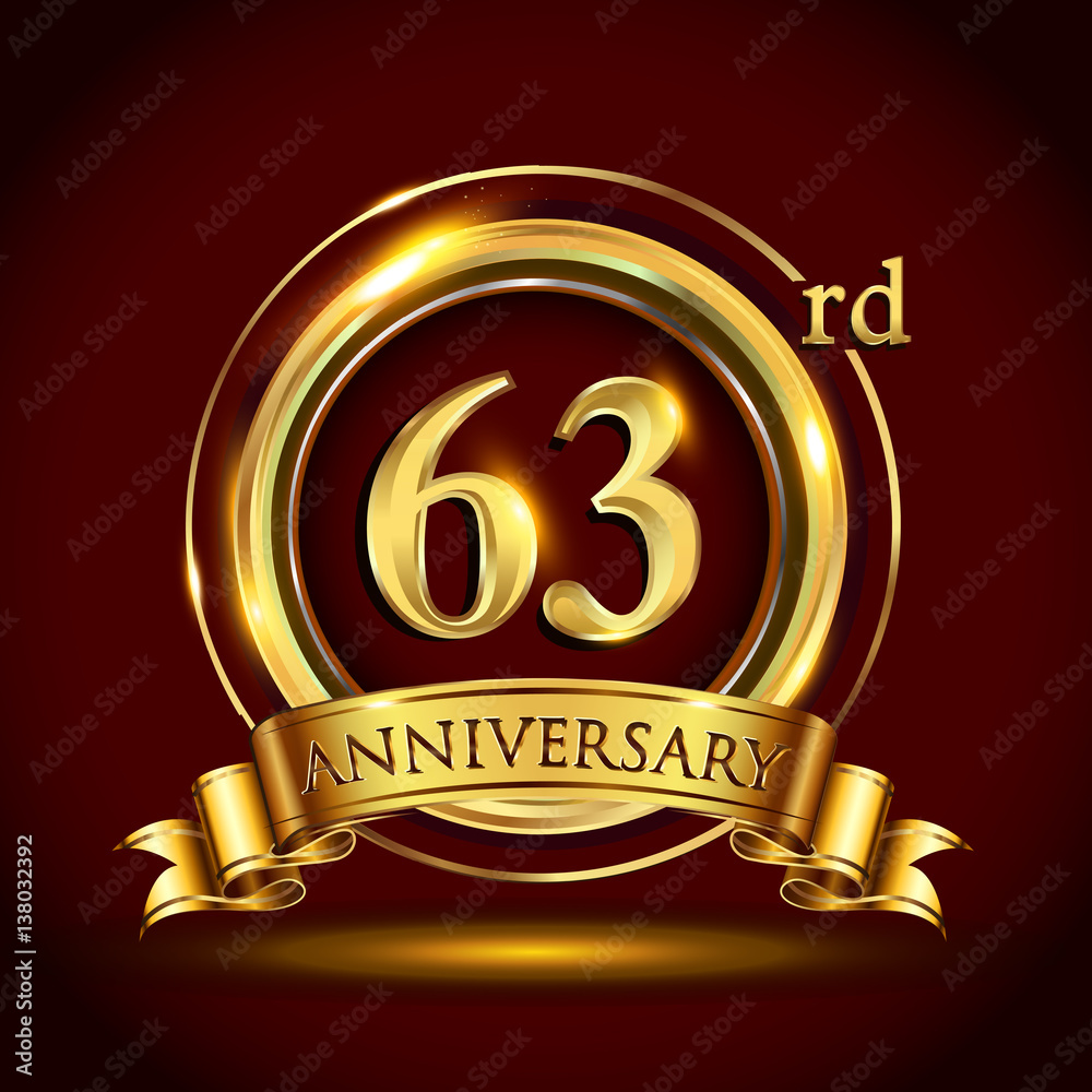 63rd golden anniversary logo with gold ring and golden ribbon, vector ...