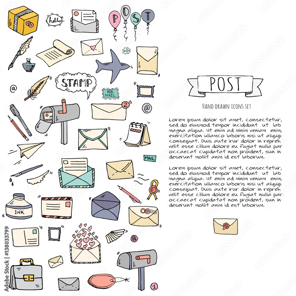 Hand drawn doodle Postal elements icon set. Vector illustration ...