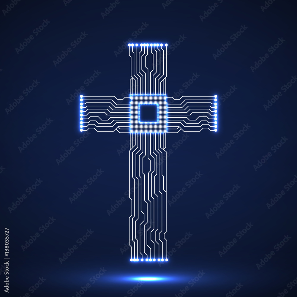 Abstract electronic circuit board in shape of cross with cpu. Christian ...