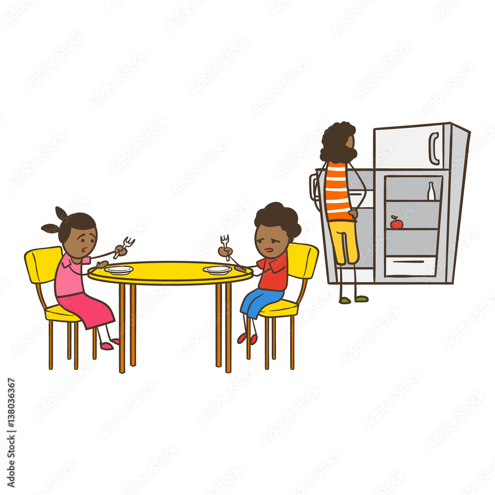 Cartoon Stick Figure Woman and Kids With No Food to Eat Stock Vector ...