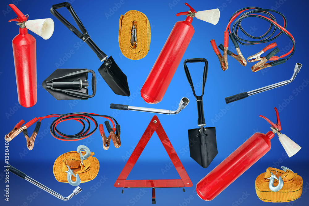 Elements of the essentials for a passenger car. Danger Safety Warning ...