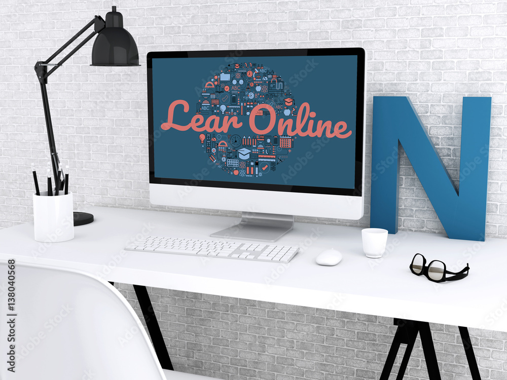 3d Student workspace with computer Stock Illustration | Adobe Stock