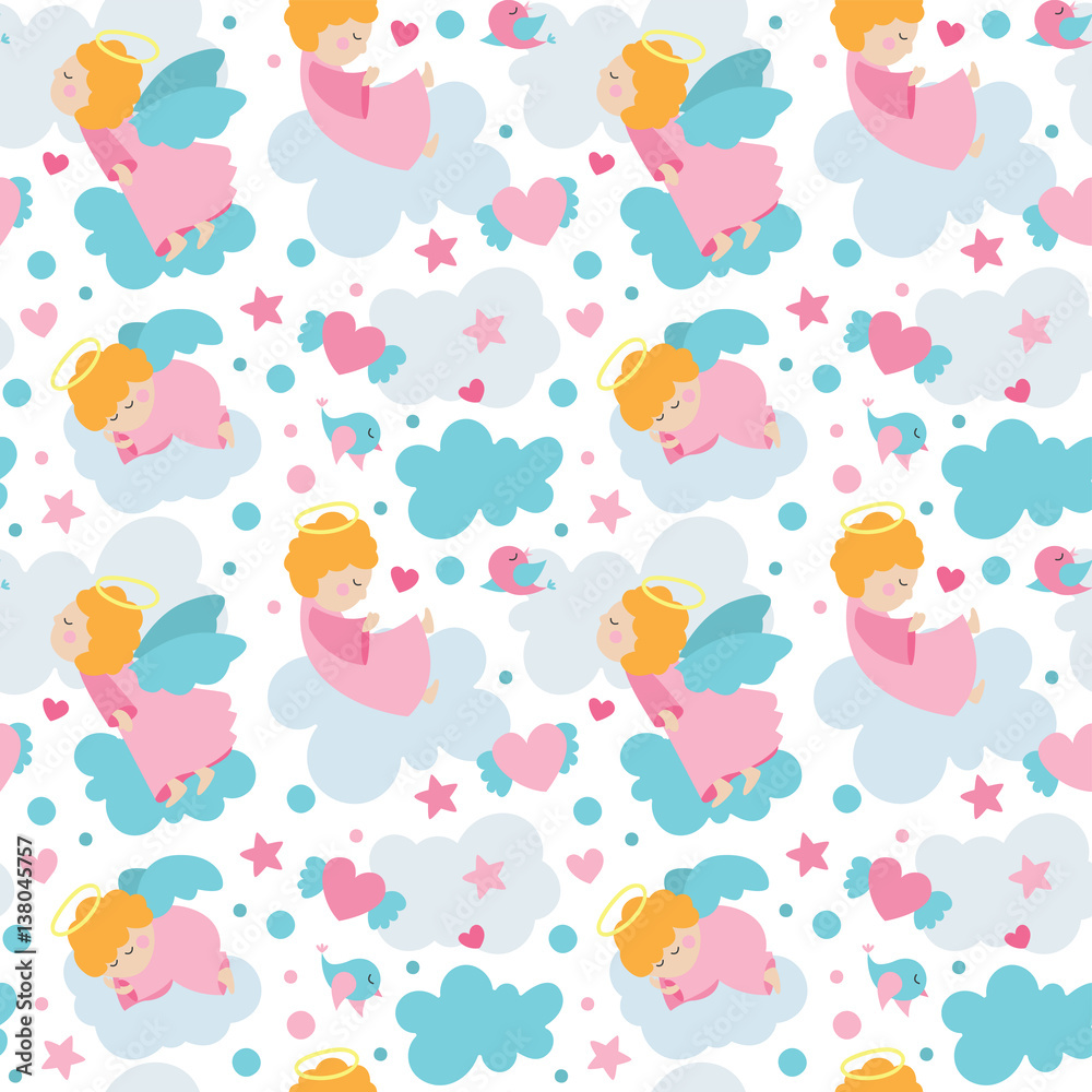 Seamless cute cartoon pattern with angels, baby, kid, children, wings ...
