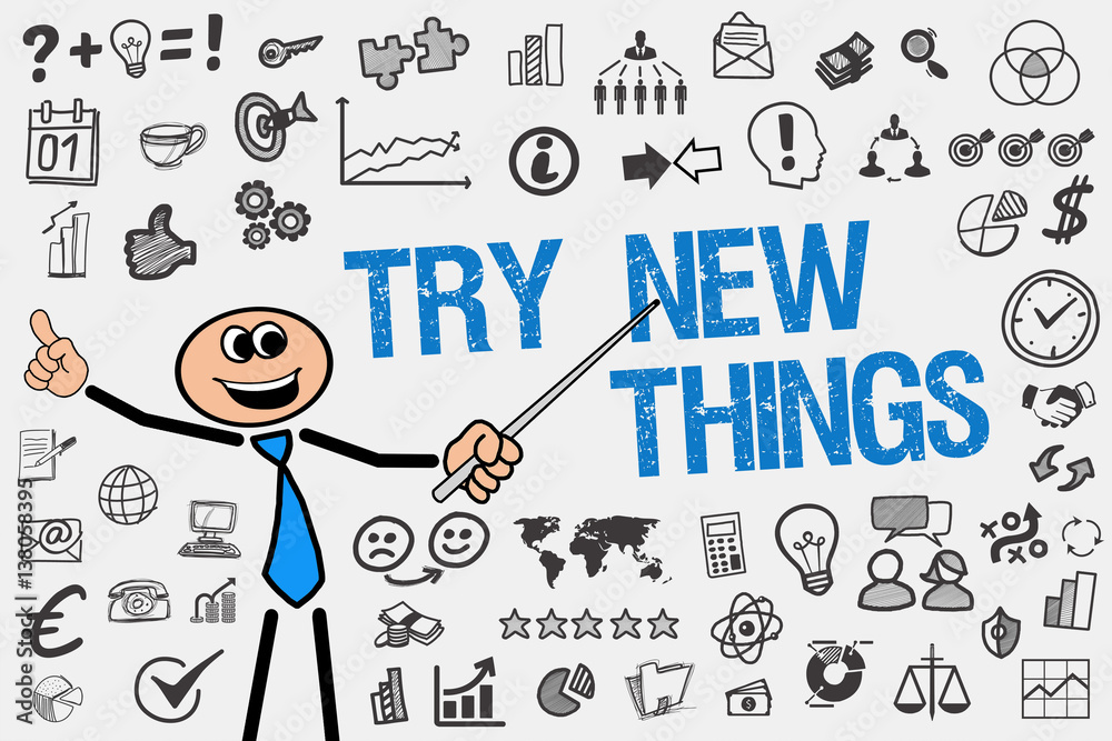 Try New Things / Mann mit Symbole Stock Illustration | Adobe Stock