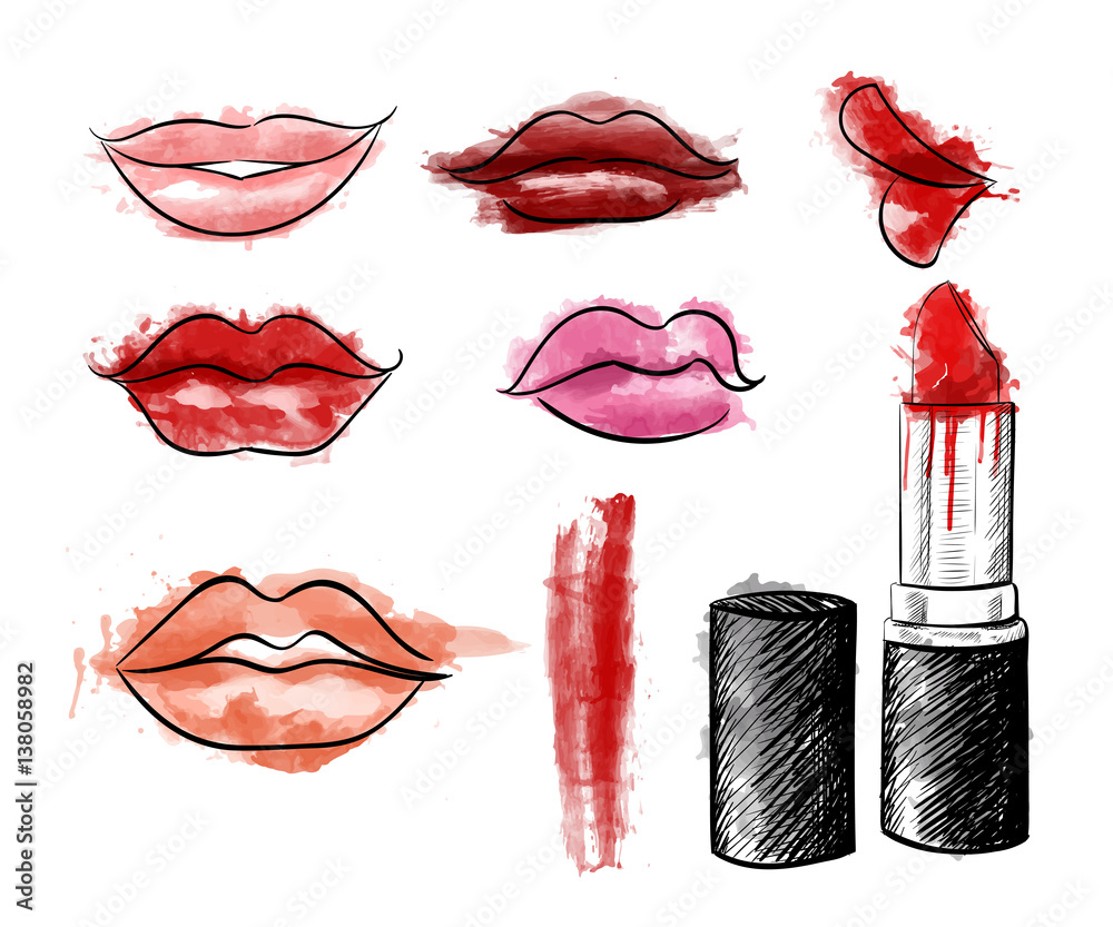 Cosmetics collection. fashion set. Hand drawn graphic lips lipstick ...