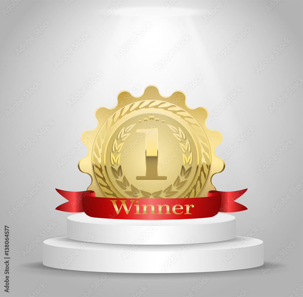Realistic vector gold medal on red ribbon. Winner simbol. Vector ...