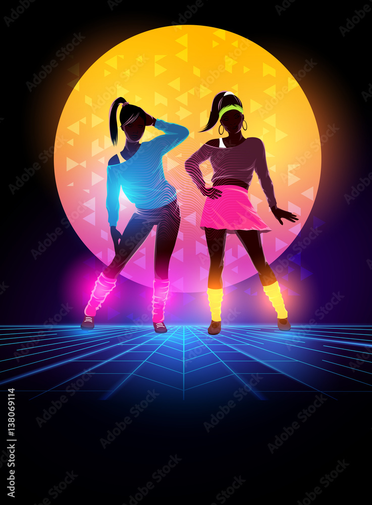 Women dressed up 1980's fashion. Retro dance background design. Vector ...
