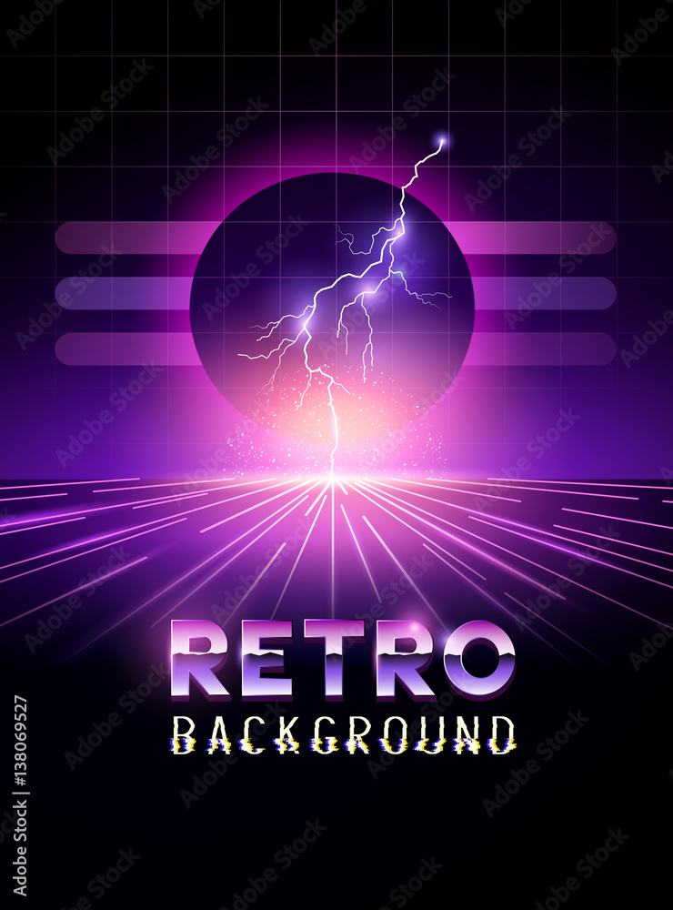 Retro 1980's neon horizon background with lightning bolts. Vector ...
