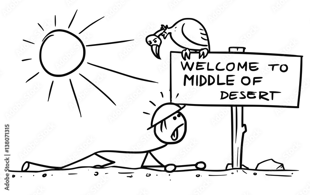Stickman Cartoon of Hopeless Man Crawling in the Desert Found a Sign ...
