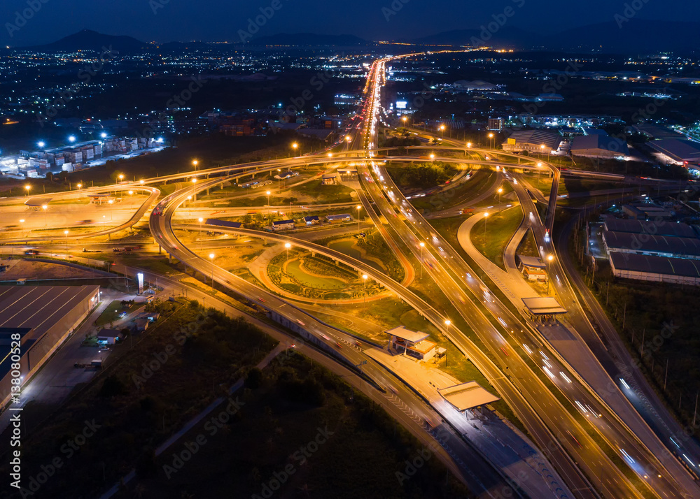 Top view over the highway,expressway and motorway at night, Aerial view ...